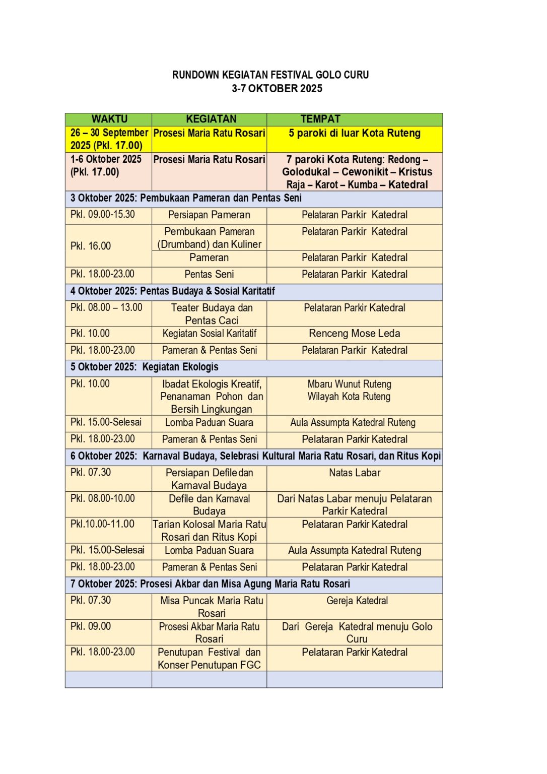 Rundown Festival Golo Curu Maria Ratu Rosari 2025 – Keuskupan Ruteng